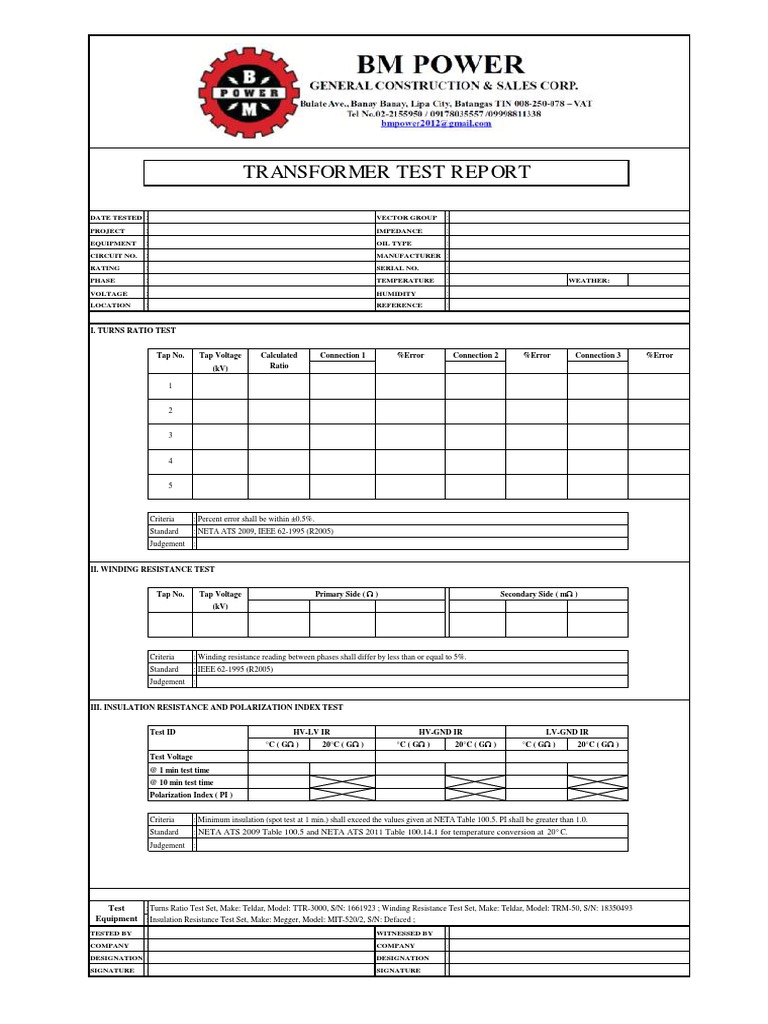 Transformer Inspection and Test Forms | PDF | Transformer | Capacitor