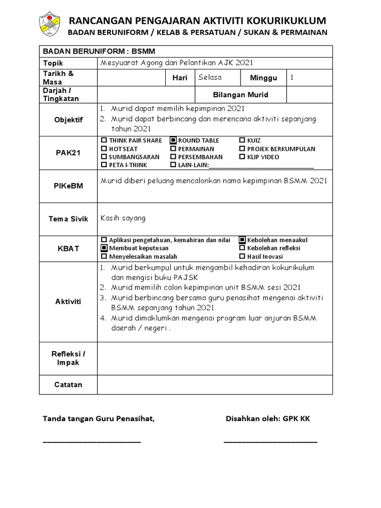 RPH Koku BSMM 2021 Minggu 1-12 | PDF