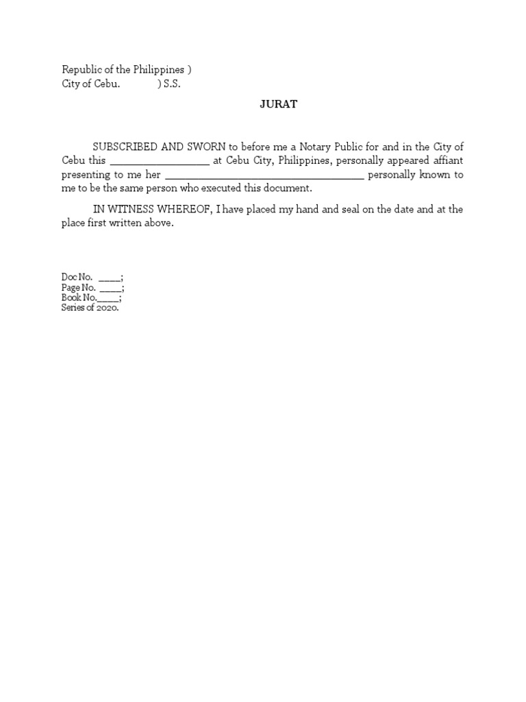 Jurat: Doc No. - Page No. - Book No. - Series of 2020 | PDF