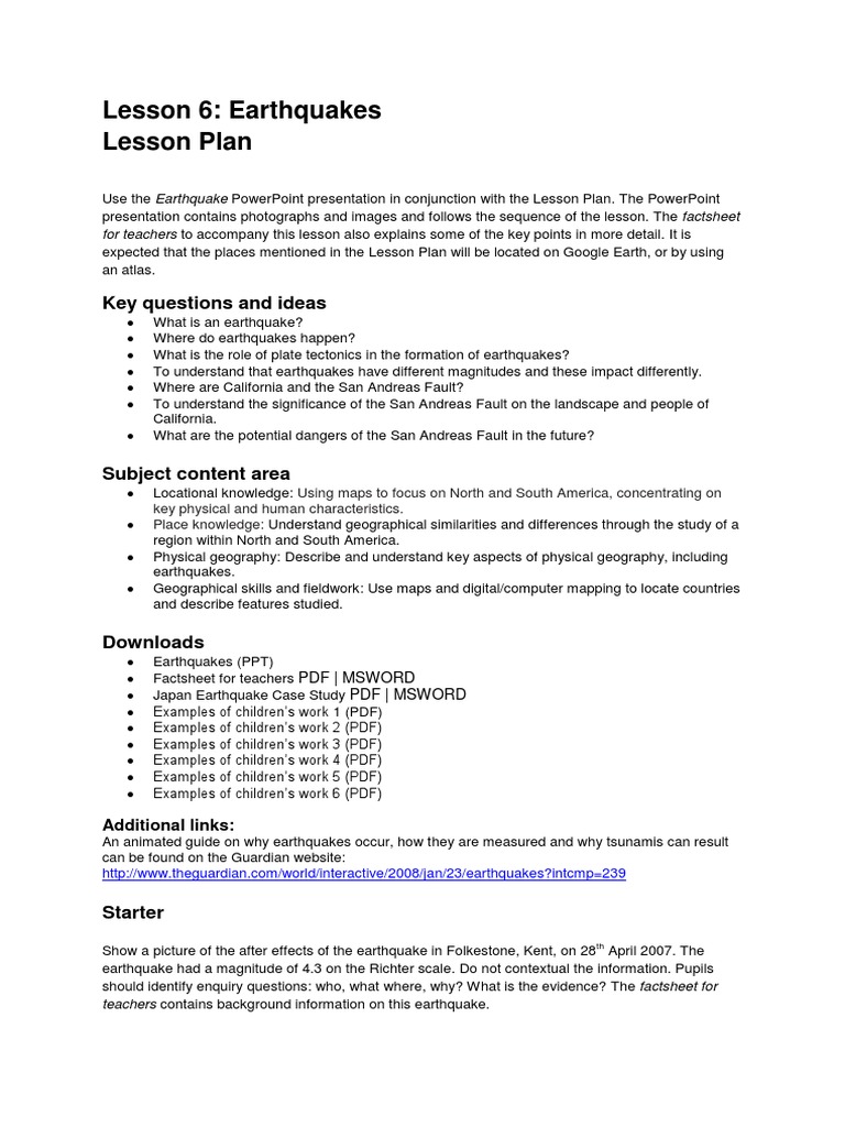 Lesson 6: Earthquakes Lesson Plan: Key Questions and Ideas | PDF ...