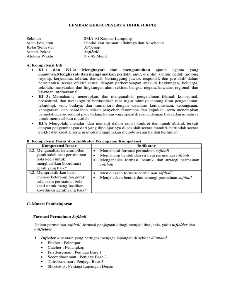 LKPD 1.1 Permainan Kecil - Softball (Pertemuan Pertama) | PDF | Karier ... LKPD 1.1 Permainan Kecil - Softball (Pertemuan Pertama) | PDF | Karier ...