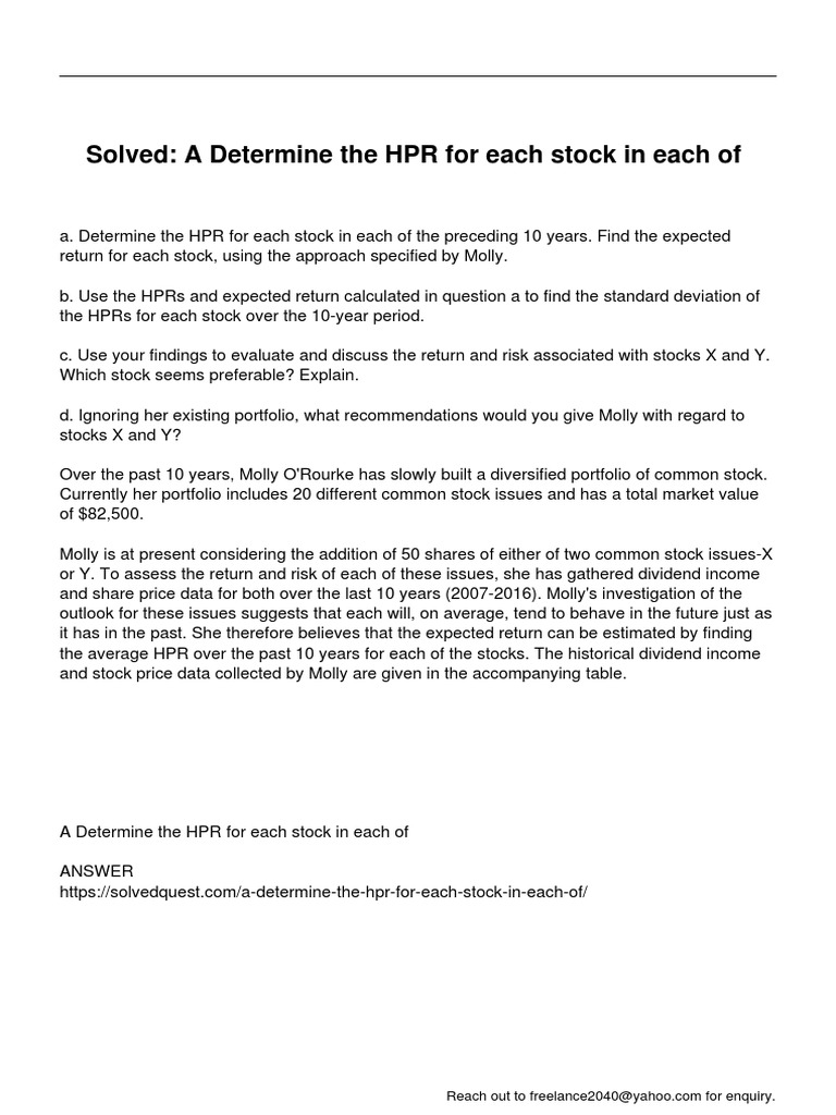 A Determine The HPR For Each Stock in Each of | PDF | Stocks | Risk