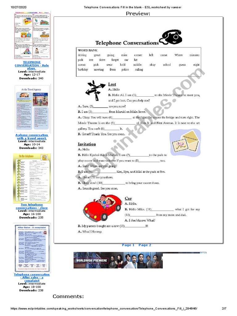 Telephone Conversations Fill in The Blank - ESL Worksheet by Vawser | PDF