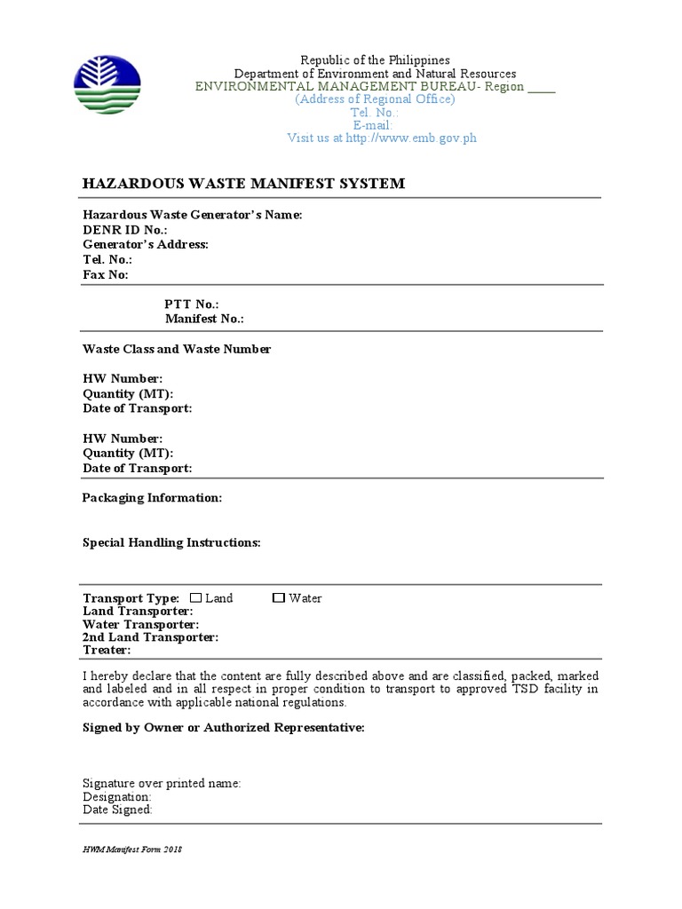 HW-Manifest DENR Hazardous Waste Management System | PDF | Waste ...