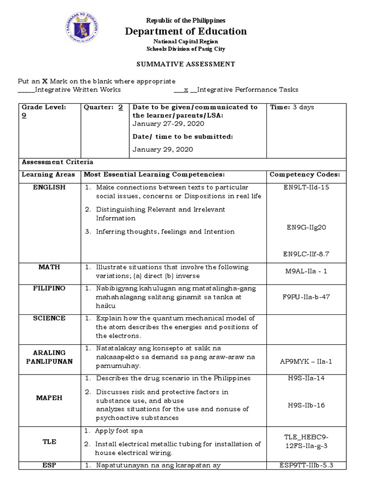 Department of Education: Summative Assessment | PDF | Grammar | Rubric ...