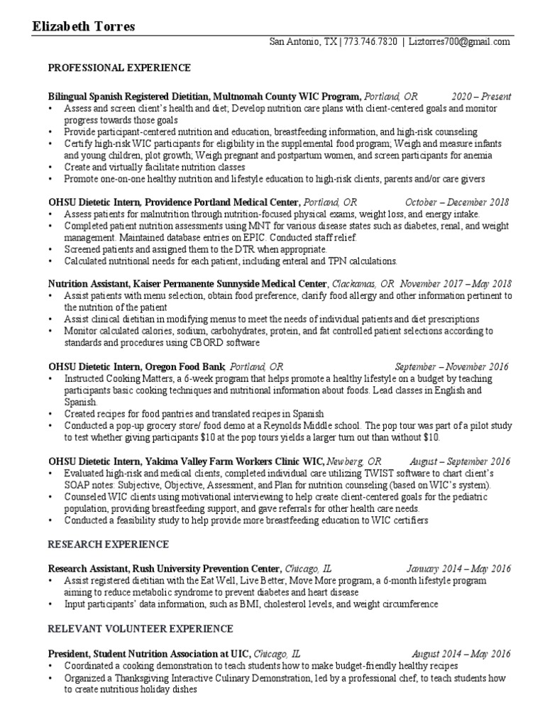 Elizabeth Torres Chesney Resume | PDF | Dietitian | Wic