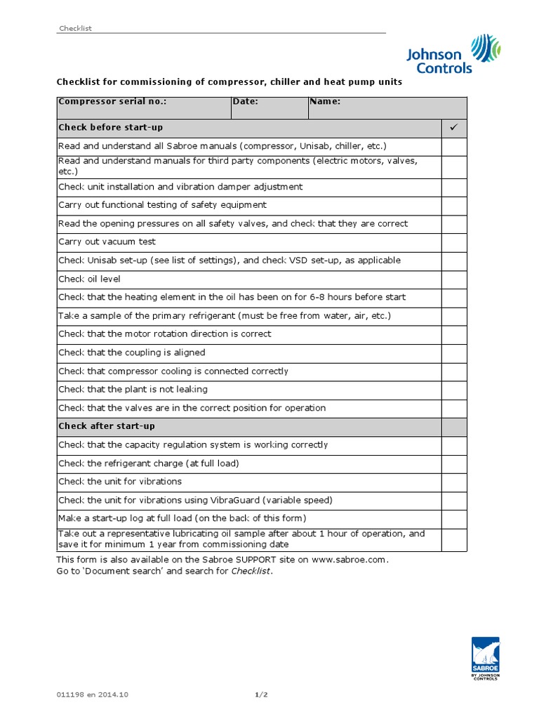 Compressor, Chiller, Heat Pump Commissioning Checklist | PDF ...