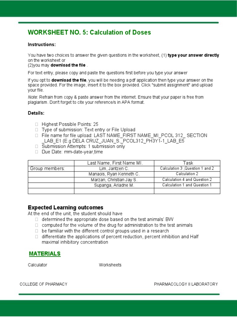 WORKSHEET NO. 5 Calculation of Doses | PDF | Scientific Control ...