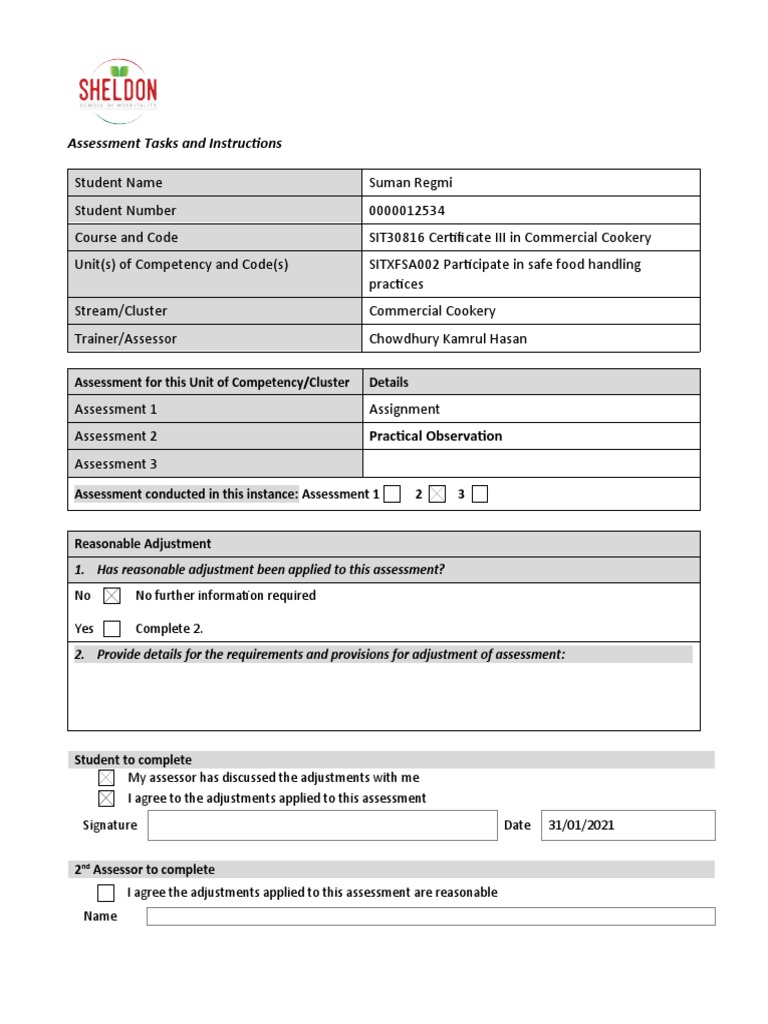 Suman Regmi SITXFSA002 Assessment 2 - Observations | PDF | Hygiene | Food Safety
