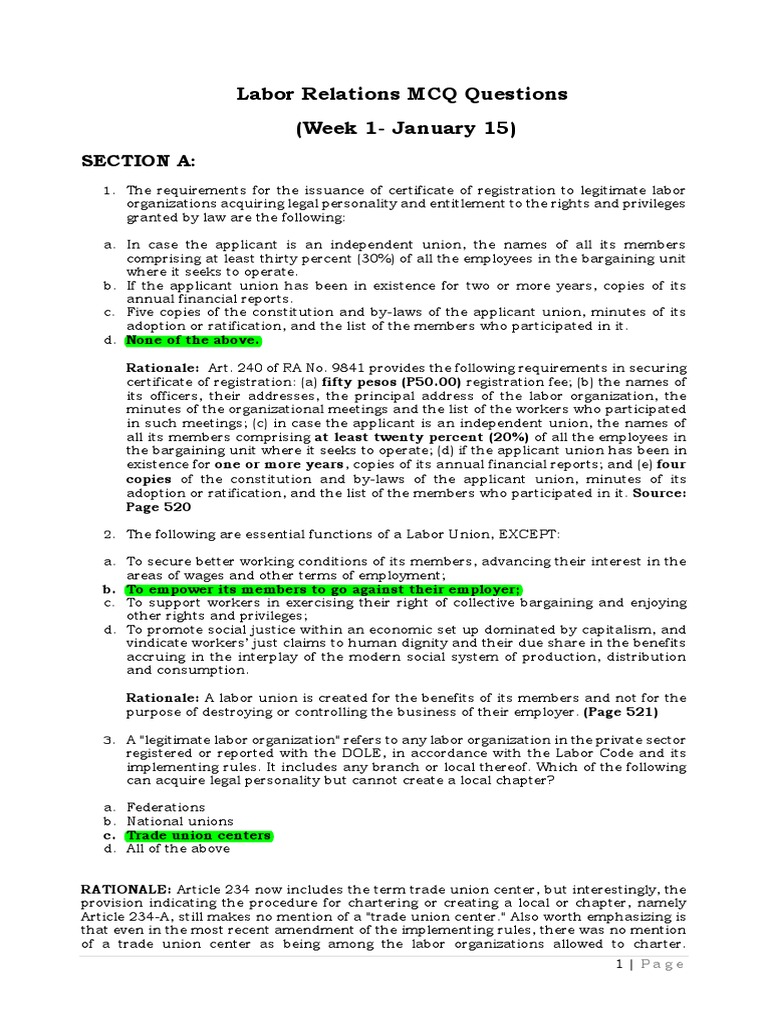 Labor Relations MCQ Questions (Week 1-January 15) : Section A | PDF ...