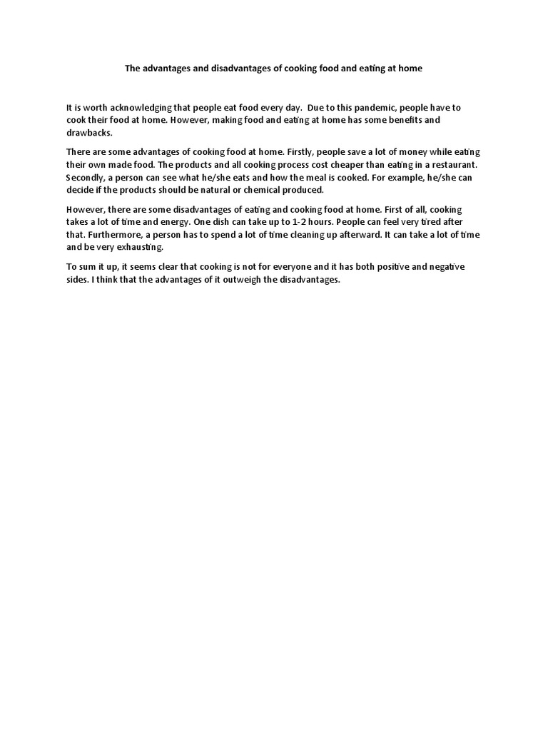 The Advantages and Disadvantages of Cooking Food and Eating at Home | PDF