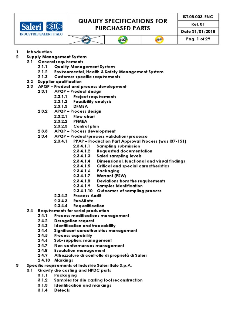 Quality Specifications For Purchased Parts | PDF | Specification ...