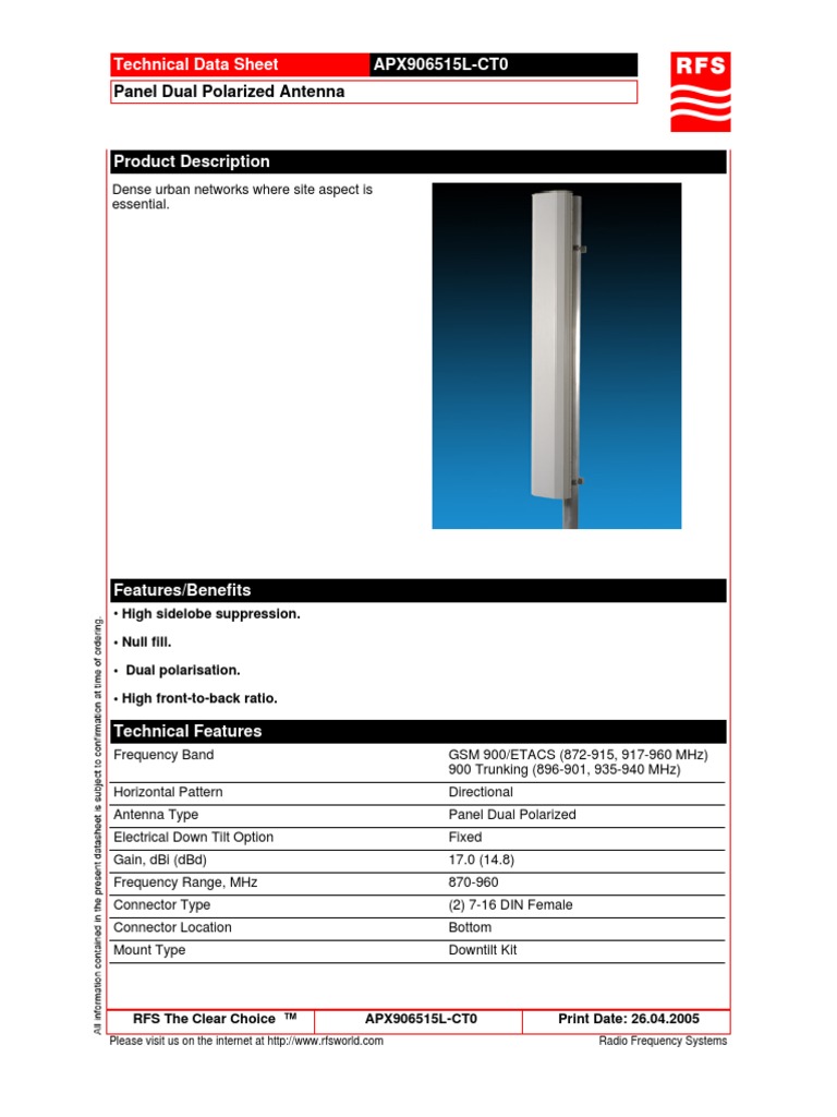Panel Dual Polarized Antenna: Technical Data Sheet APX906515L-CT0 | PDF ...