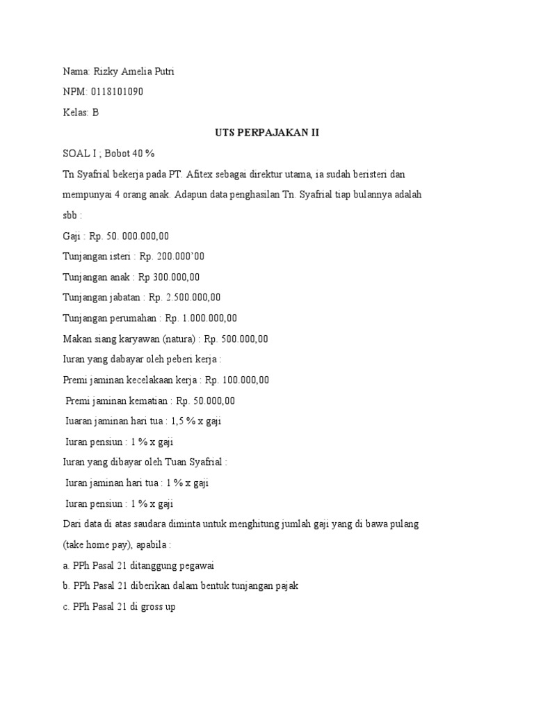 UTS PERPAJAKAN II - Rizky Amelia Putri - 0118101090 - Kelas B | PDF