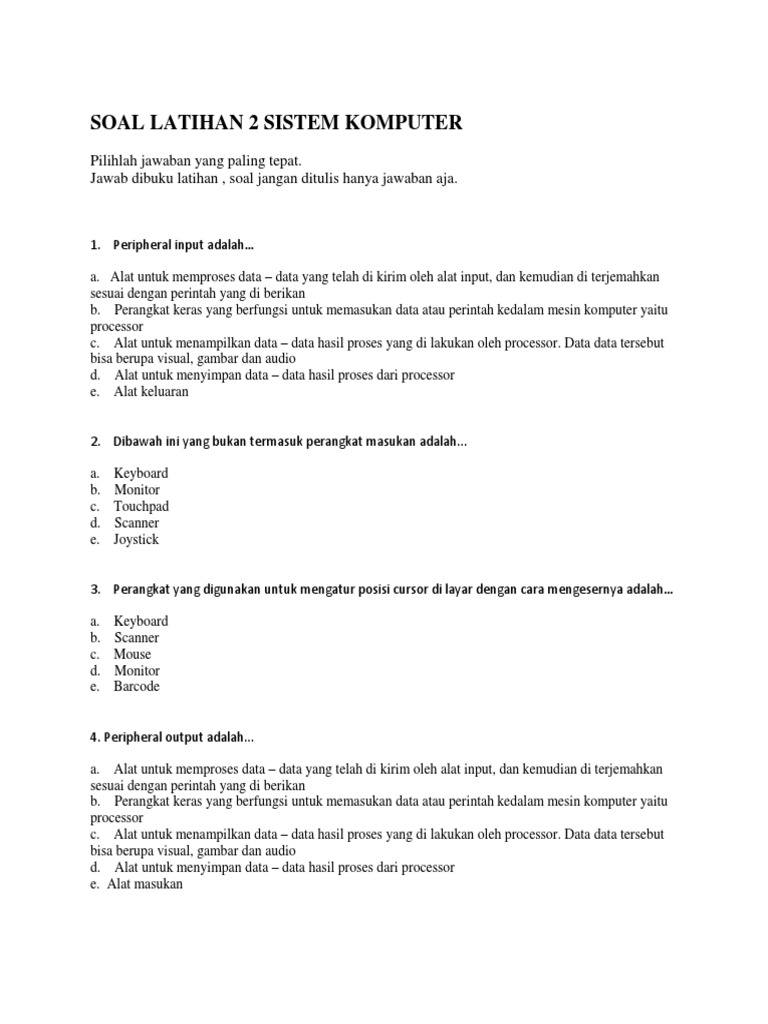 Soal Latihan Sistem Komputer Dasar | PDF | Game & Aktivitas | Teknologi & Rekayasa