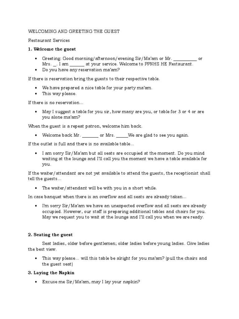 Welcoming and Greeting The Guest Basic Guidelines | PDF | Waiting Staff ...