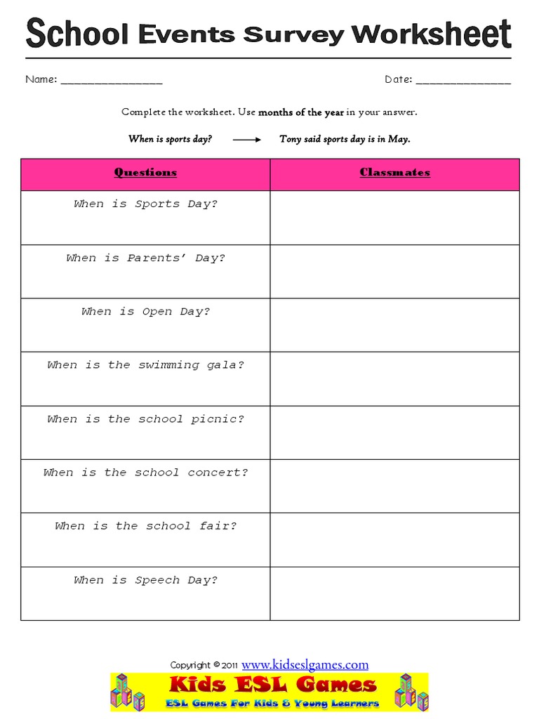 School Events Using When Survey Worksheet | PDF | Wellness