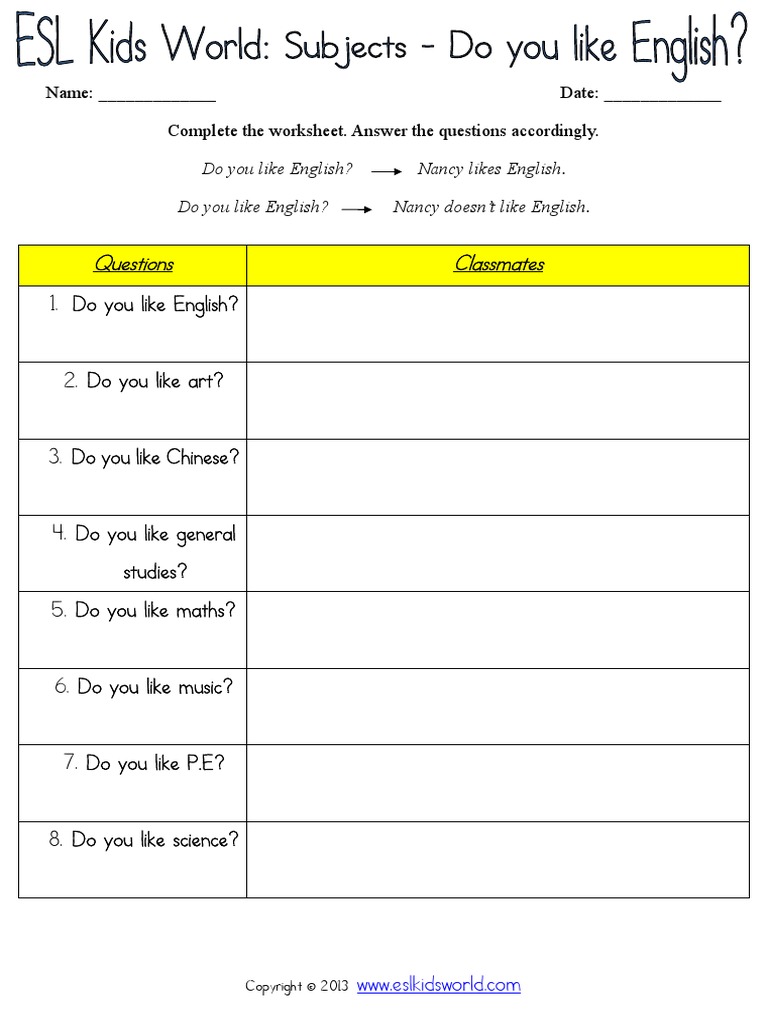 School Subjects Survey Worksheet | PDF