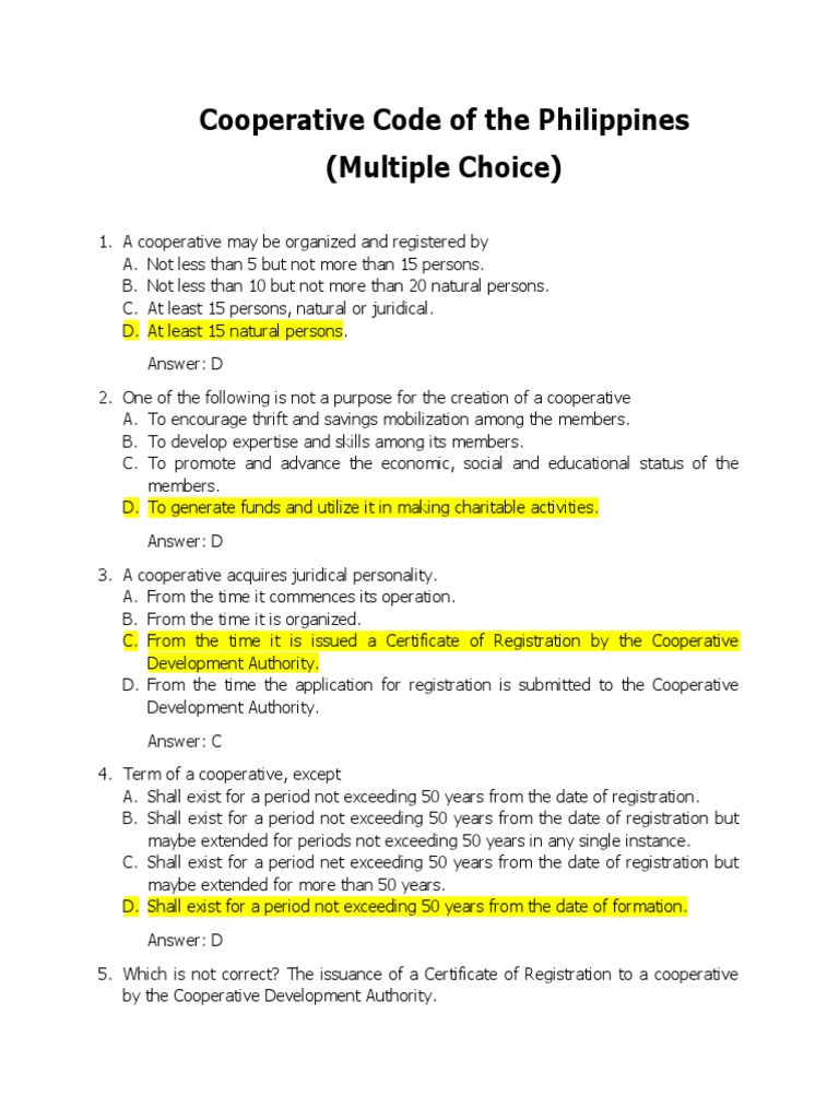 Cooperative Code of The Philippines (Multiple Choice) | PDF | Quorum ...