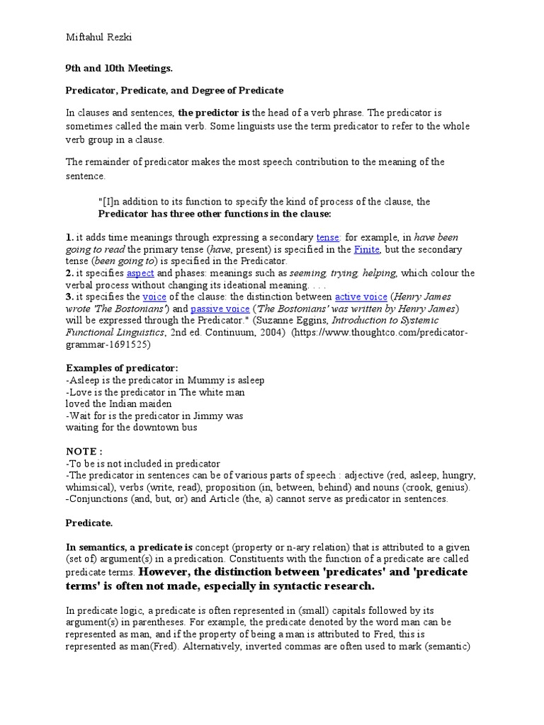 Predicator, Predicate, and Degree of Predicate | PDF | Predicate ...