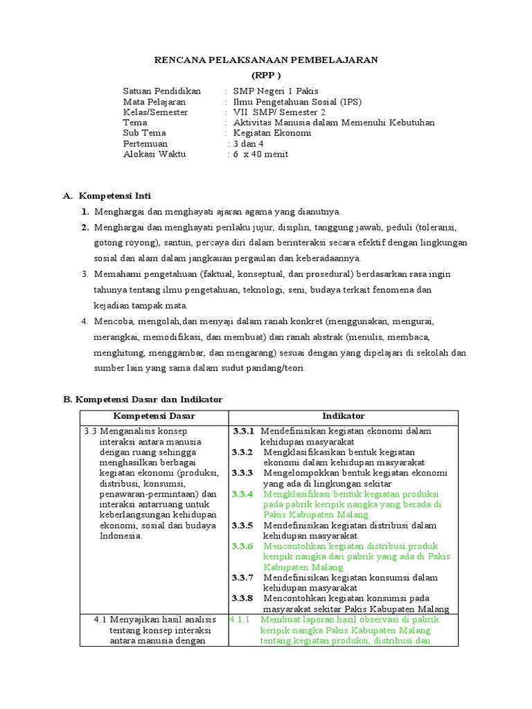 RPP Ips Kelas 7 KD 3 - Kegiatan Ekonomi | PDF