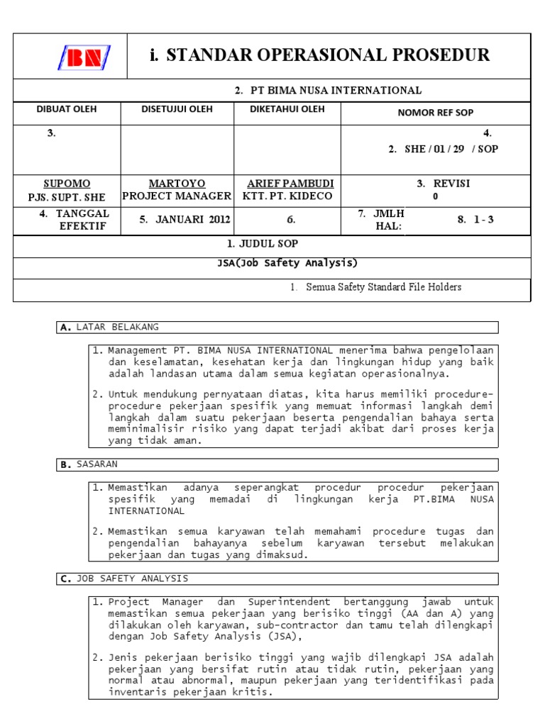 029.SOP - BIMA - Pembuatan JSA & PPS | PDF