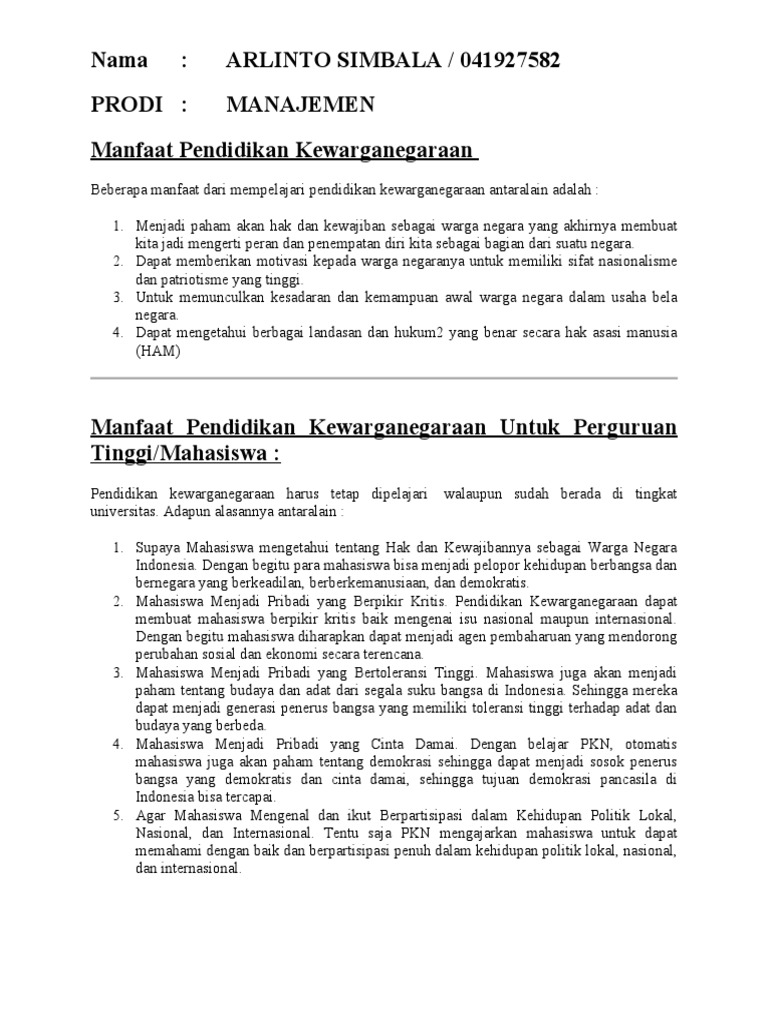 Manfaat Pendidikan Kewarganegaraan | PDF | Ilmu Sosial