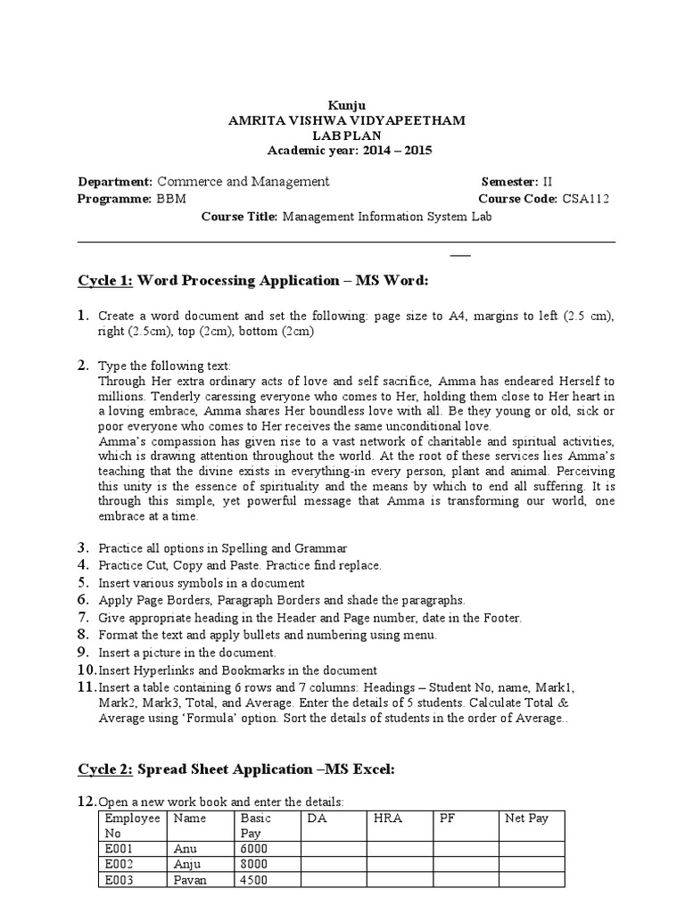 Cycle 1: Word Processing Application - MS Word:: Commerce and ...