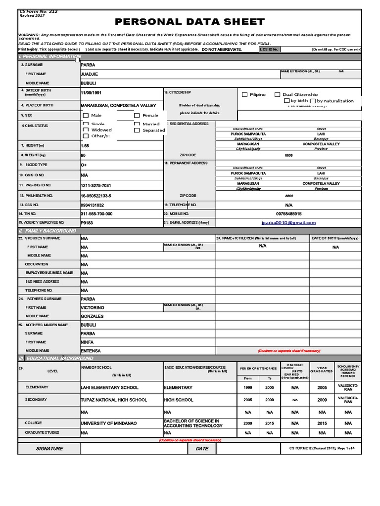 CS Form No. 212 Revised Personal Data Sheet 2 | PDF | Government