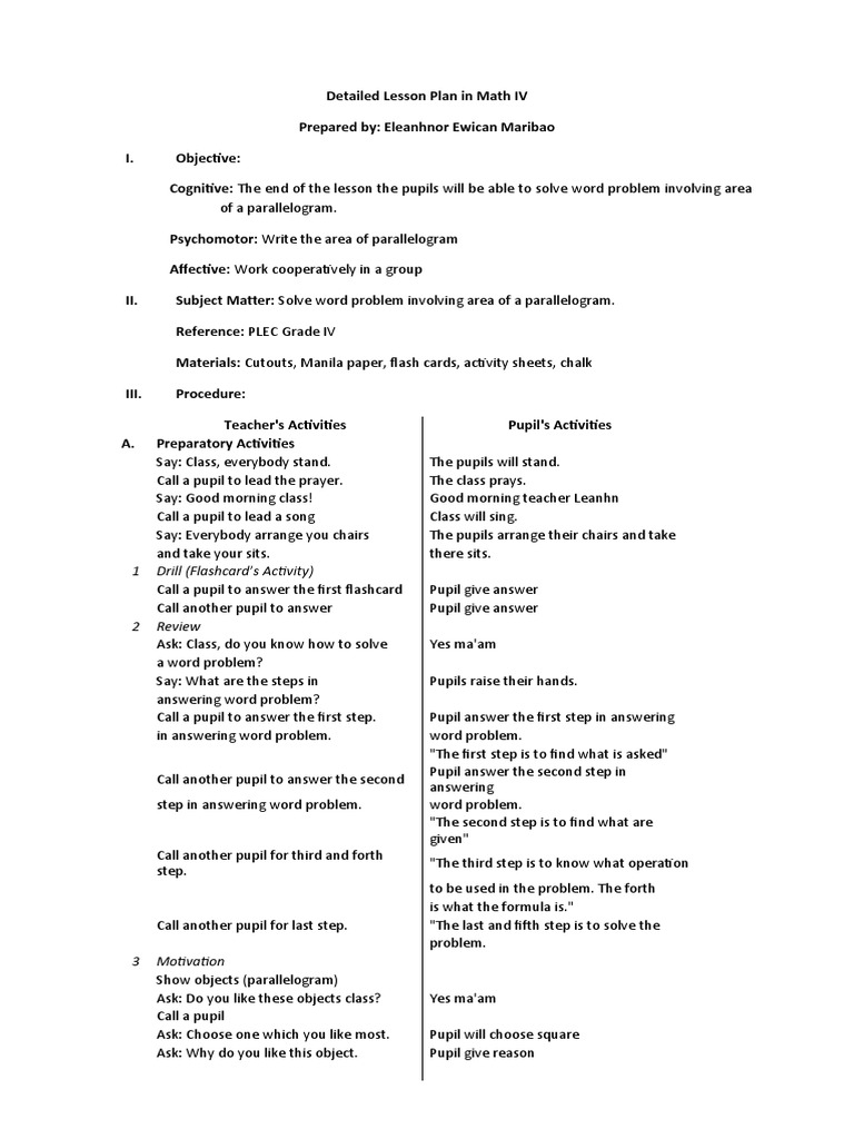 Detailed Lesson Plan in Math 4 | PDF | Area | Teaching Mathematics