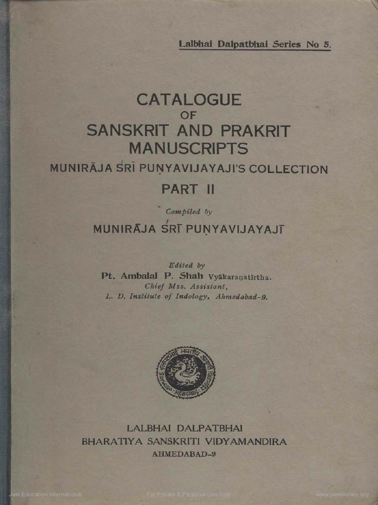 Catalogue of Sanskrit and Prakrit Manuscripts LDI Punyavijayajis ...