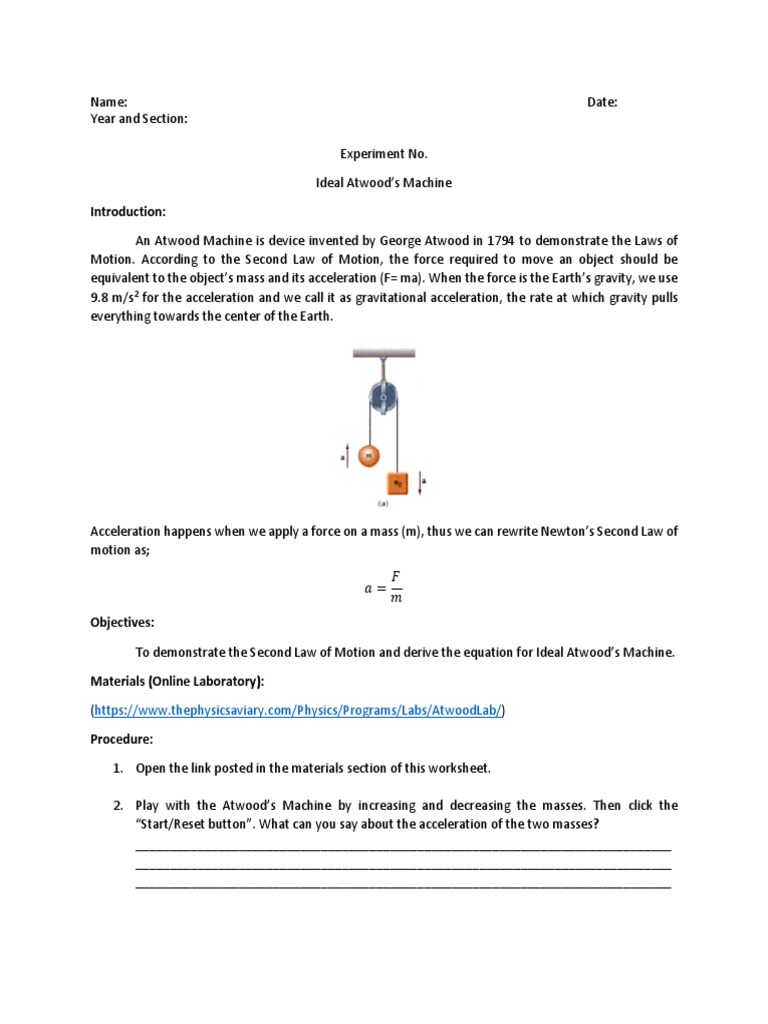 Atwoods Machine Experiment | PDF | Acceleration | Force