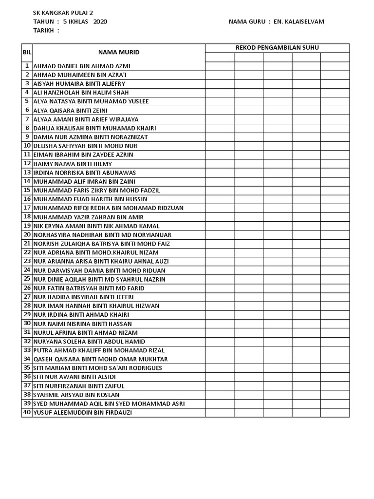 Bil Rekod Suhu Murid | PDF