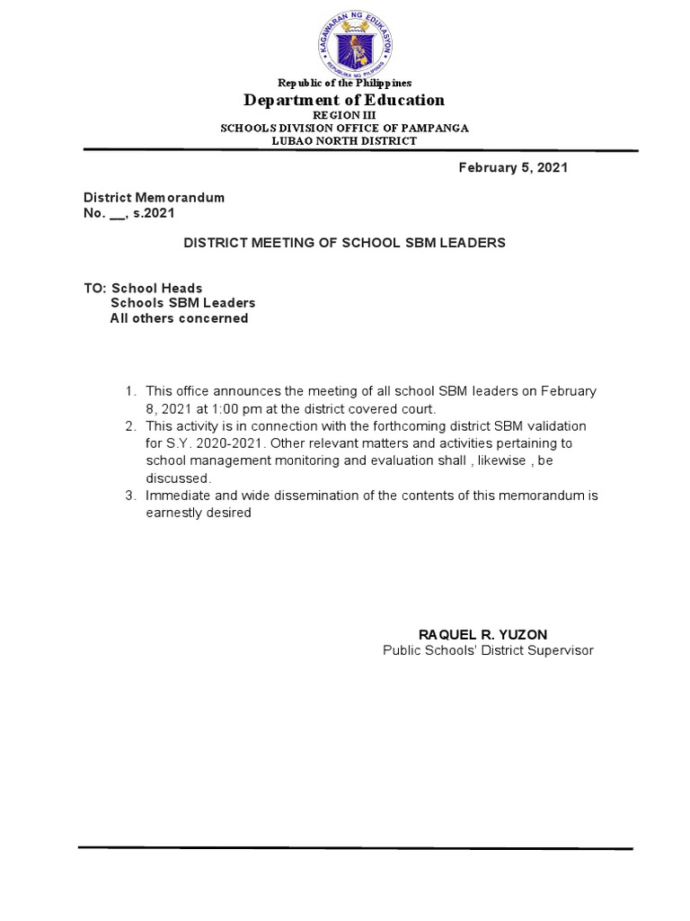 District Memo SBM Meeting | PDF
