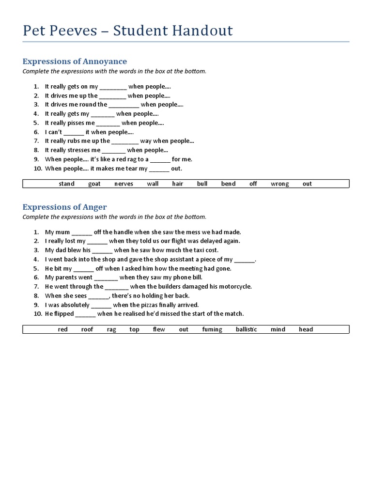 Student Handout: Pet Peeves & Anger Expressions | PDF | Language Arts ...