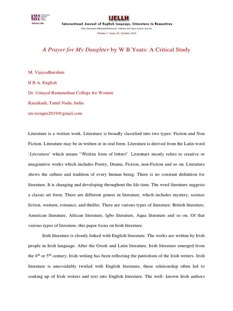 A Prayer For My Daughter WB Yeats | PDF | W. B. Yeats | Irish Literature