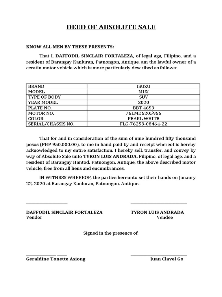 Deed of Absolute Sale: Know All Men by These Presents | PDF