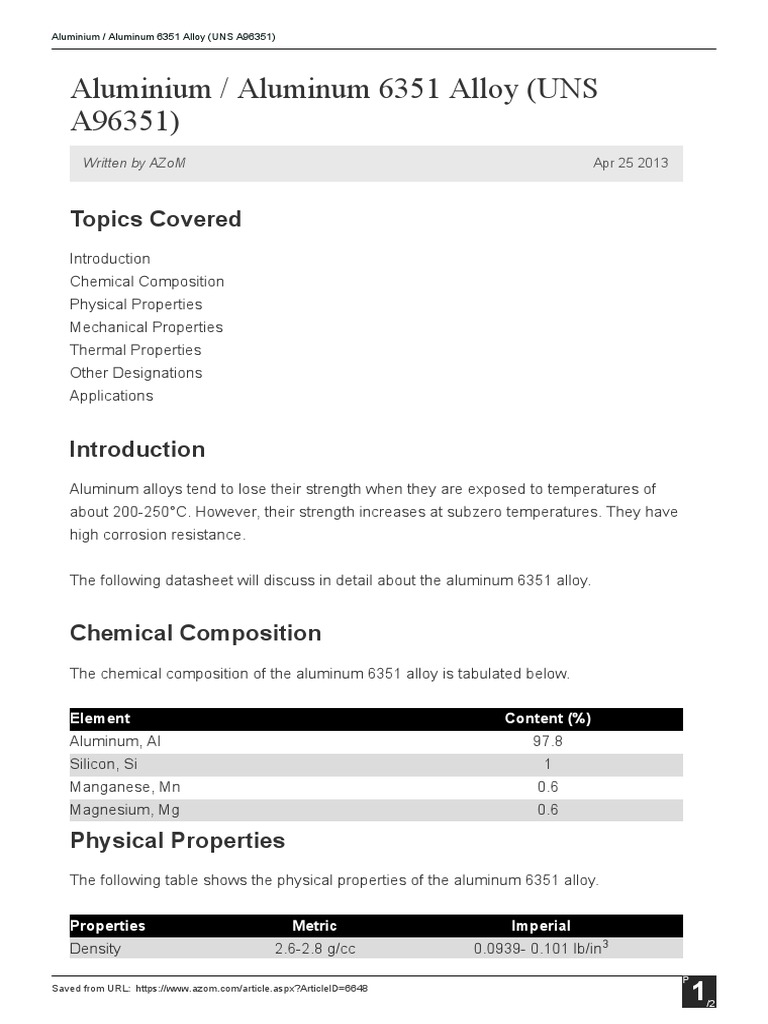 Aluminium Aluminum 6351 Alloy (UNS A96351) | PDF | Strength Of ...