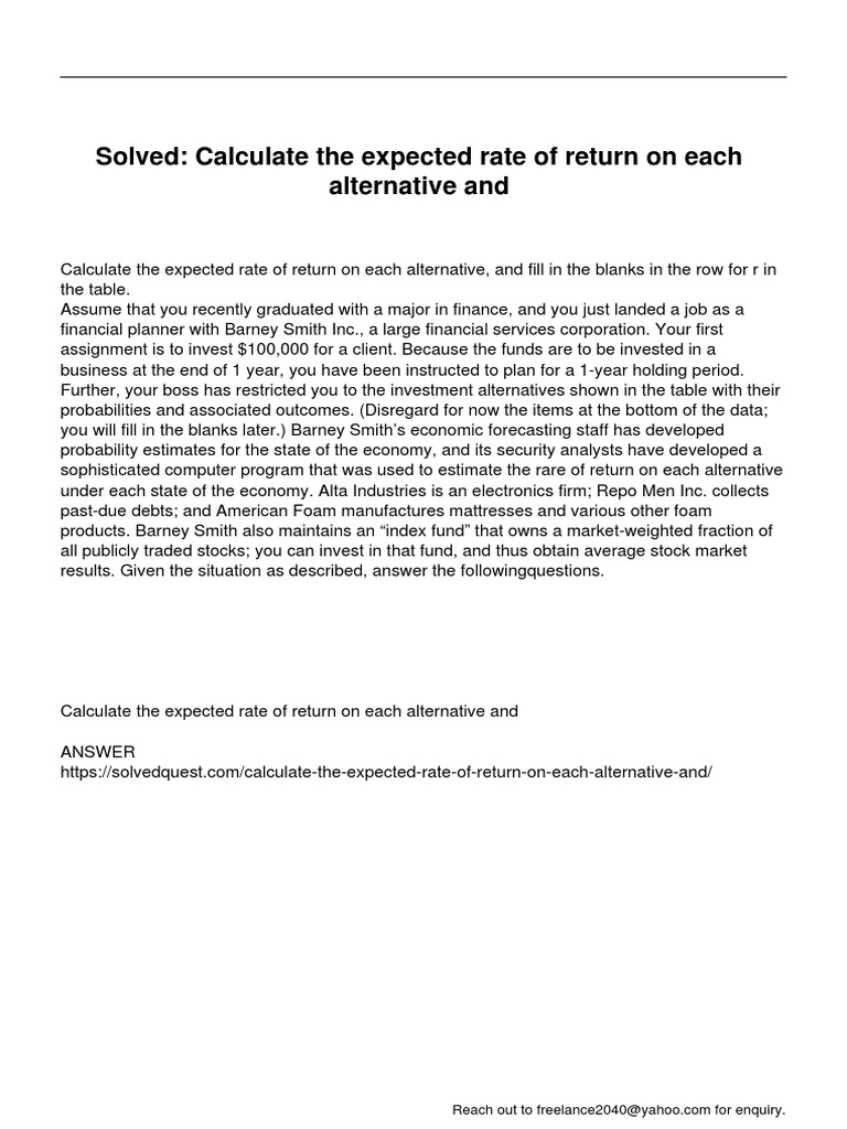 Calculate The Expected Rate of Return On Each Alternative and | PDF ...