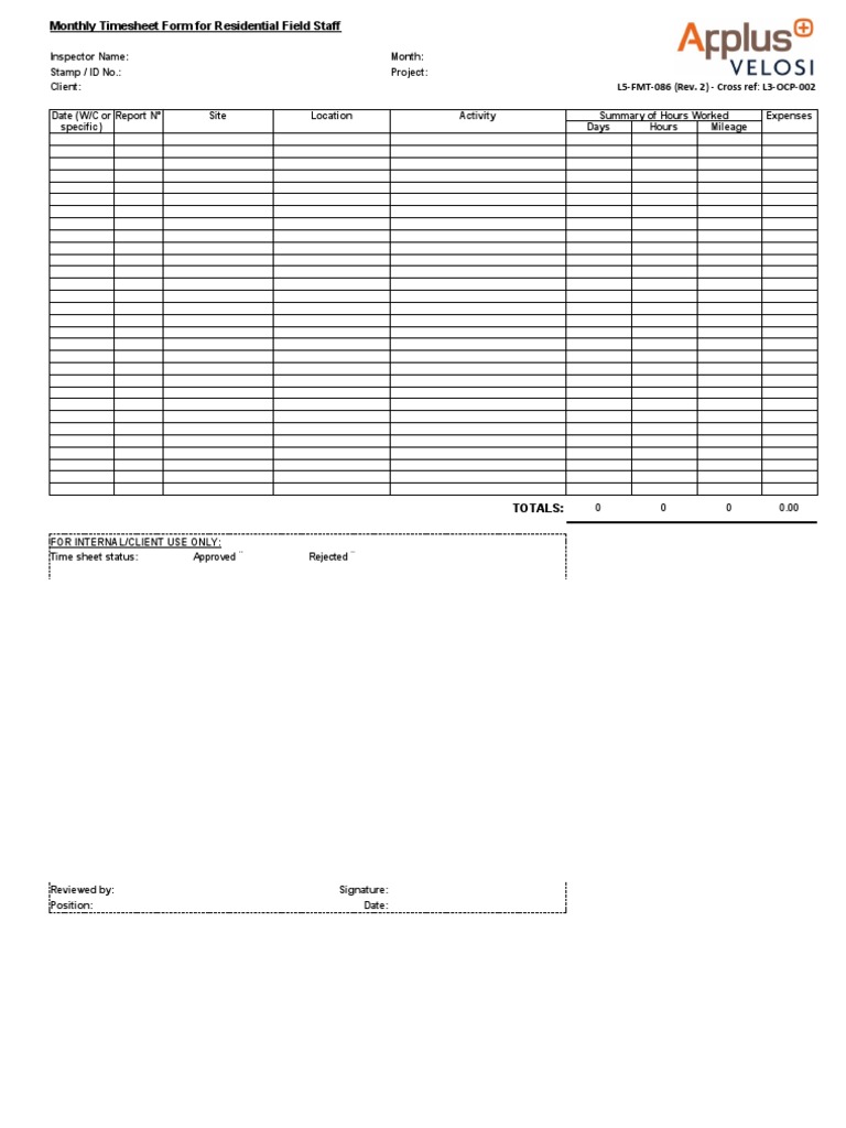 L5-FMT-086 (Rev 2) Residential Inspection Timesheet | PDF