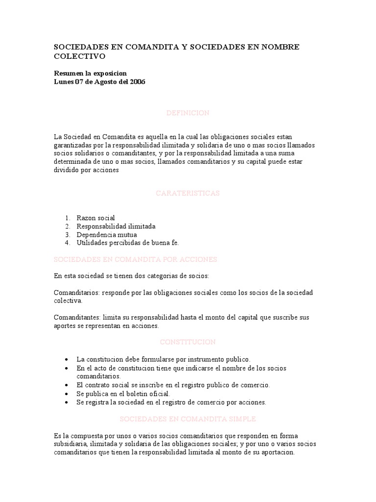 Sociedades en Comandita y Sociedades en Nombre Colectivo | PDF | Sociedad de responsabilidad ...