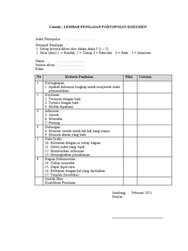 Lembar Penilaian Portofolio Siswa | PDF