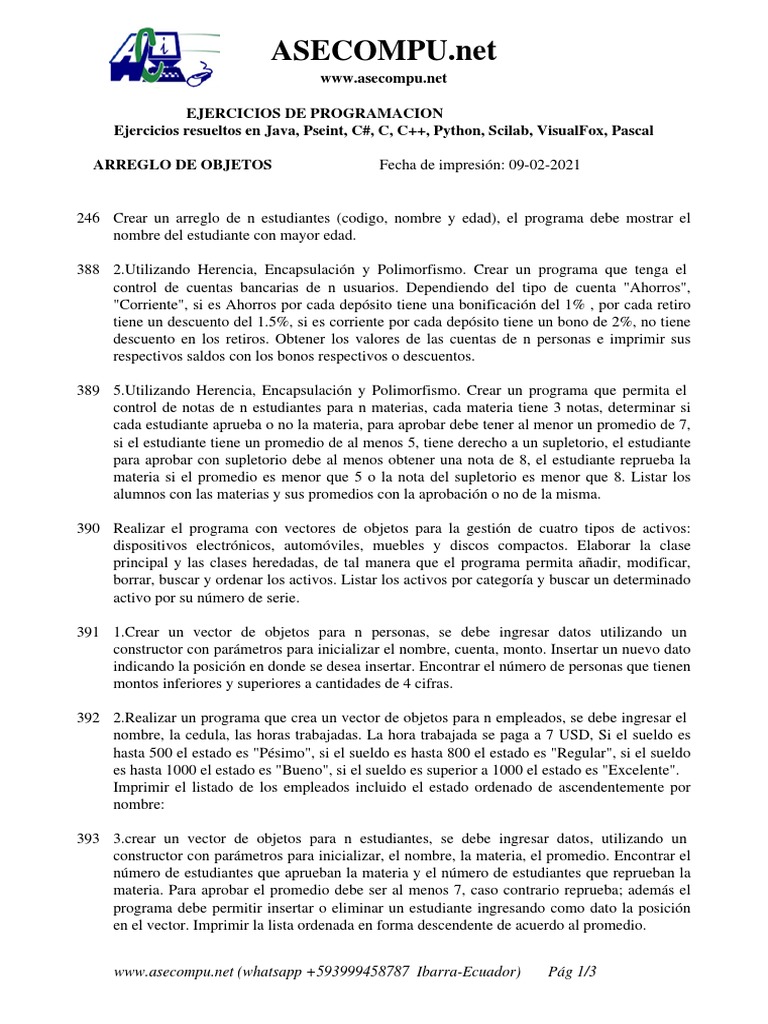 Ejercicios de Programacion Arreglos de Objetos | Descargar gratis PDF | Estructura de datos de ...