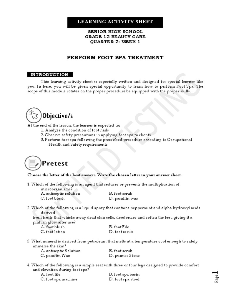 Perform Foot Spa Treatment: Learning Activity Sheet | PDF | Spa | Ethanol