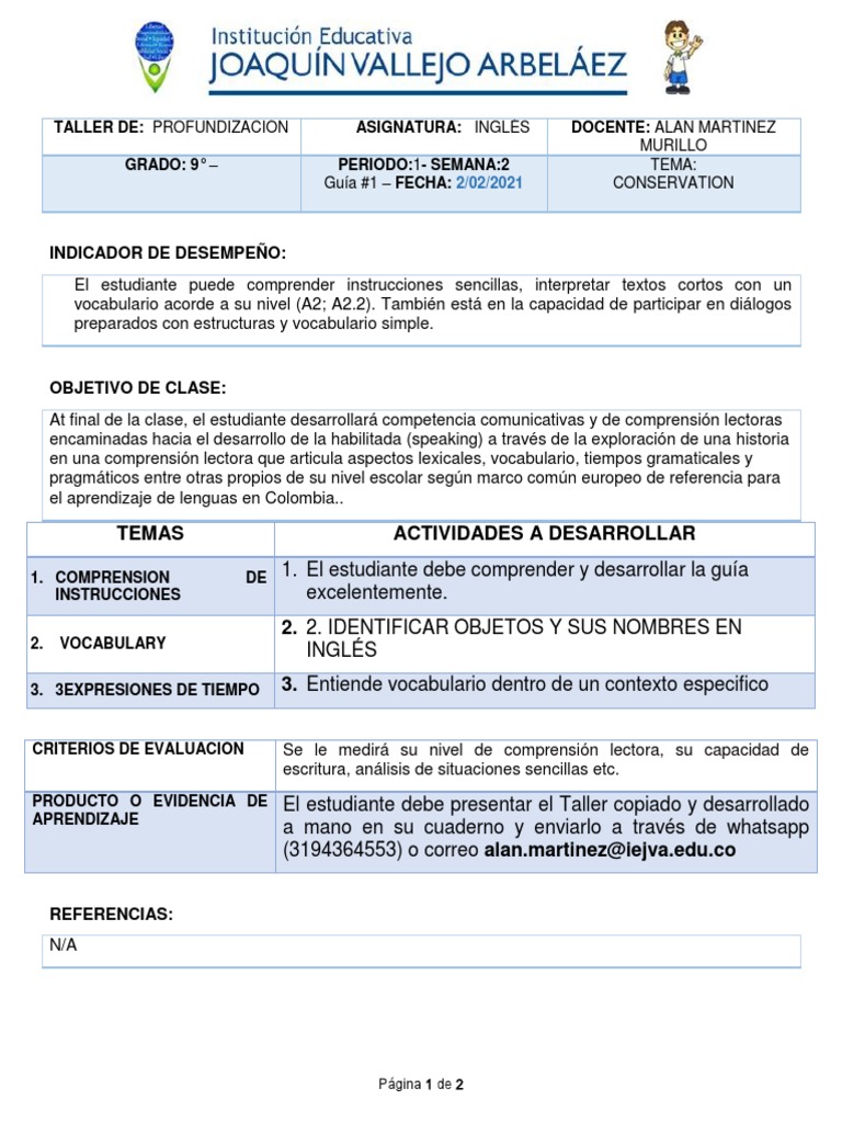 Taller #1 de Inglés - Grado 9°-Semana 2-1periodo | PDF