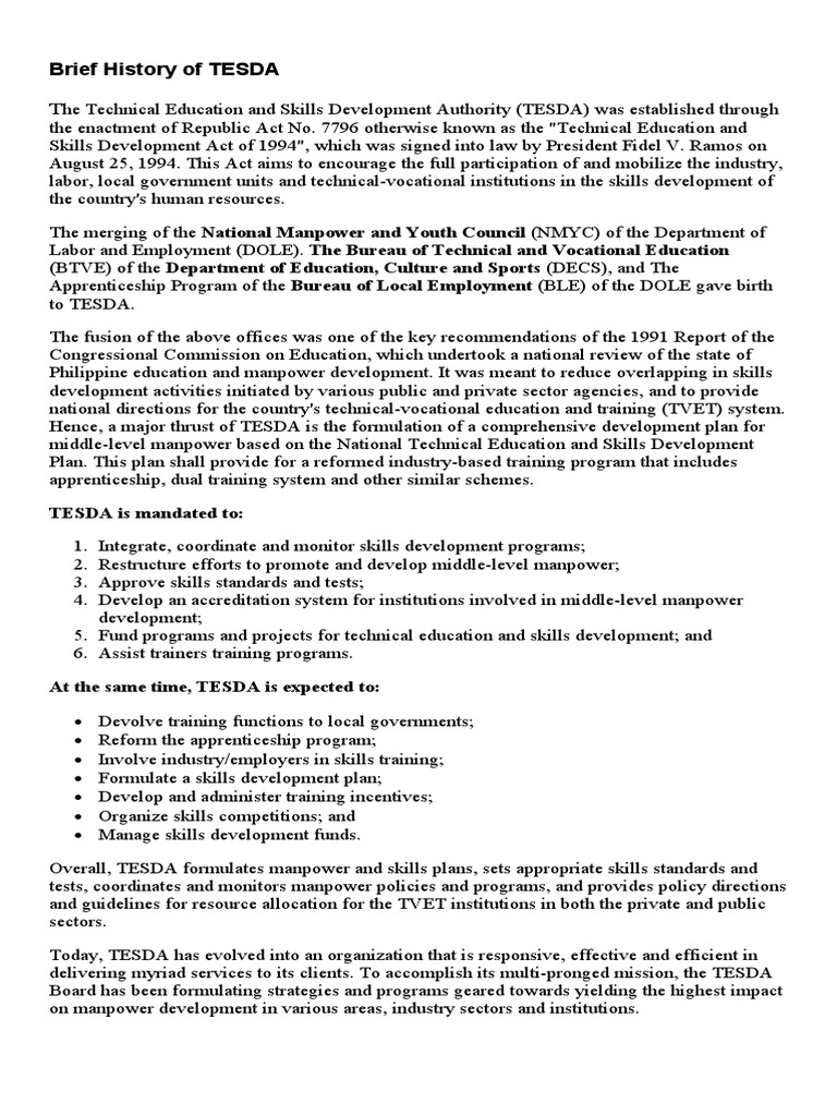 History and Mandates of TESDA | PDF | Economies | Labor Related ...