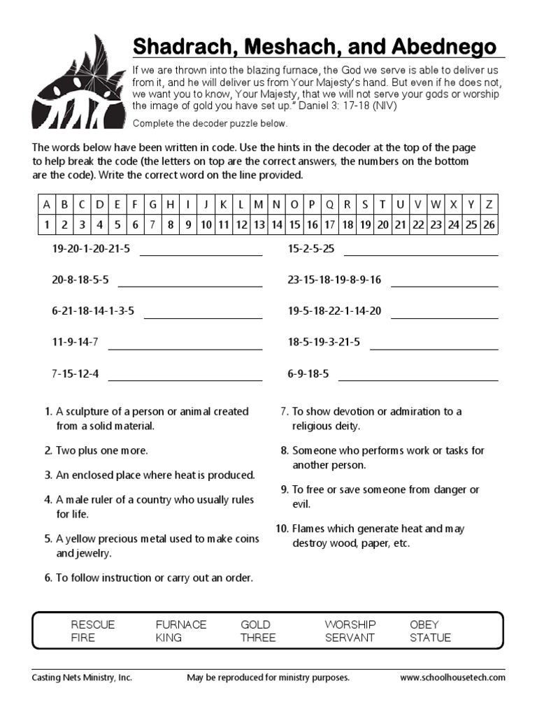Shadrach, Meshach, and Abednego: Complete The Decoder Puzzle Below ...