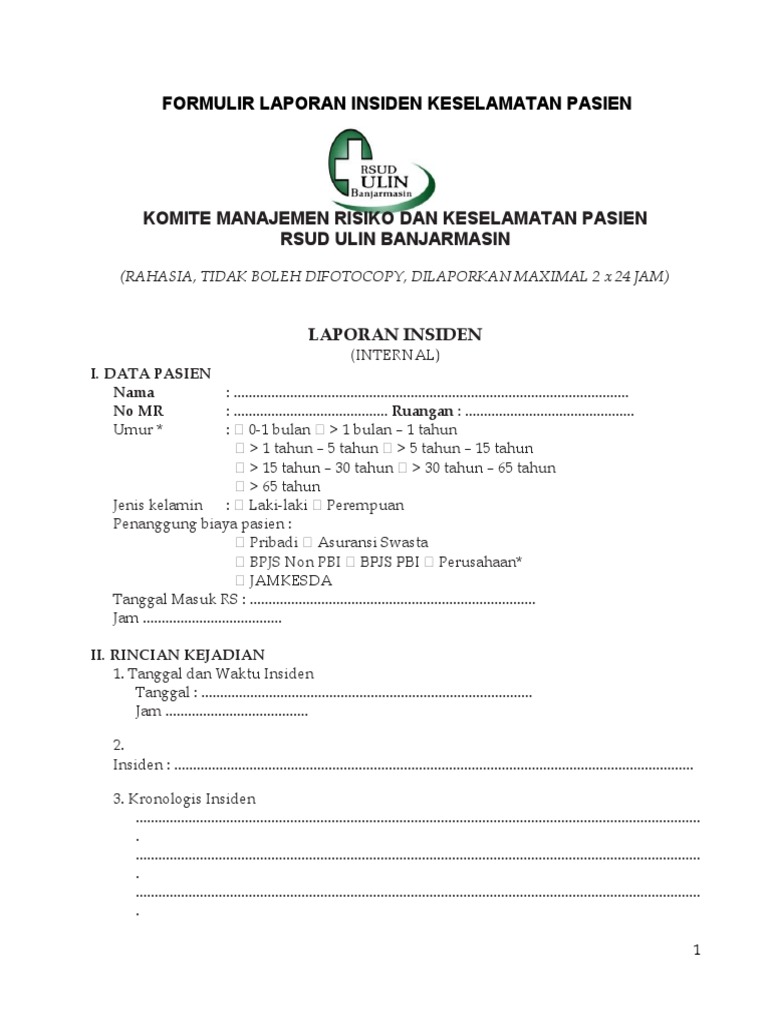 Formulir 1. Laporan IKP Internal | PDF