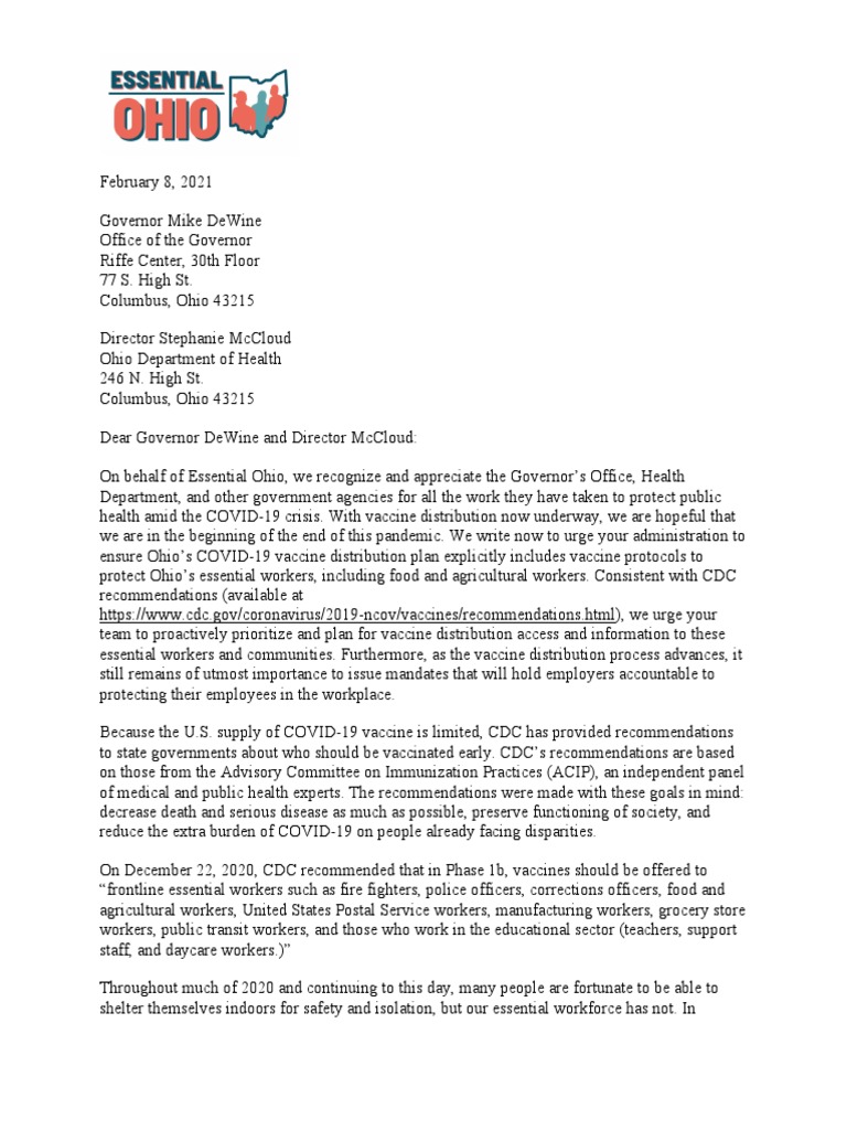 Essential Ohio Letter To Gov. DeWine | PDF | Farmworker | Migrant Worker