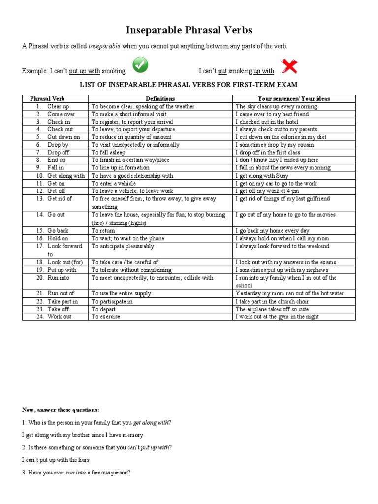 Inseparable Phrasal Verbs List and Examples | PDF | Languages